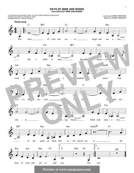Days Of Wine And Roses By H Mancini Sheet Music On Musicaneo