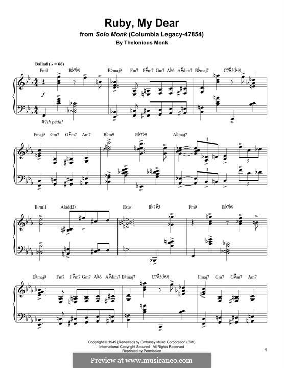 Ruby, My Dear by T. Monk - sheet music on MusicaNeo
