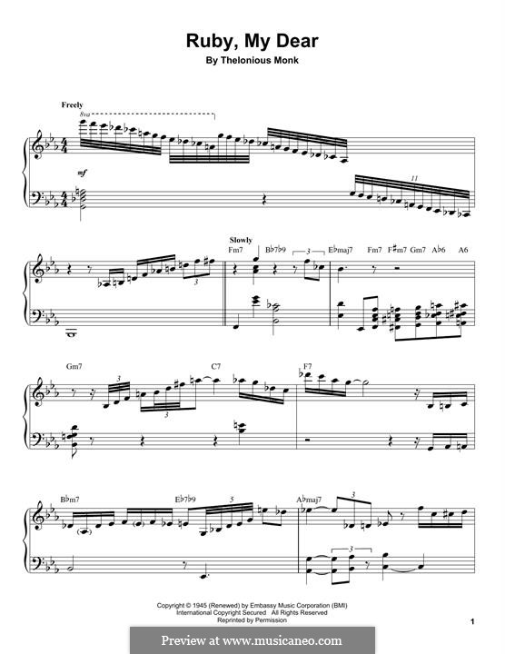 Ruby, My Dear by T. Monk - sheet music on MusicaNeo