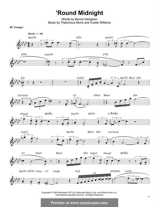 'Round Midnight by T. Monk, C. Williams - sheet music on MusicaNeo
