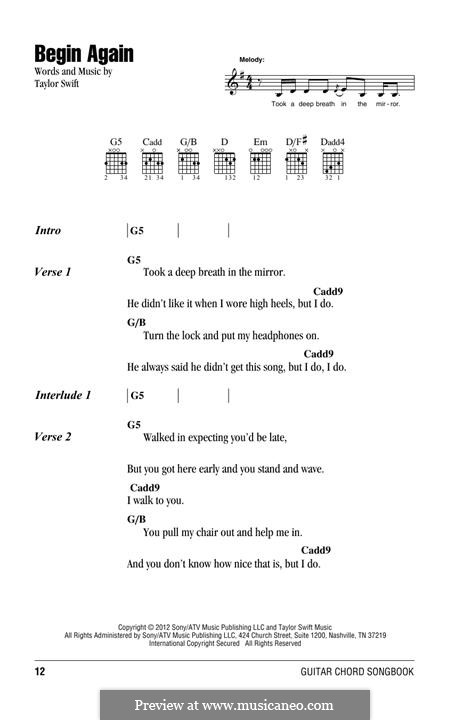Begin Again by T. Swift - sheet music on MusicaNeo