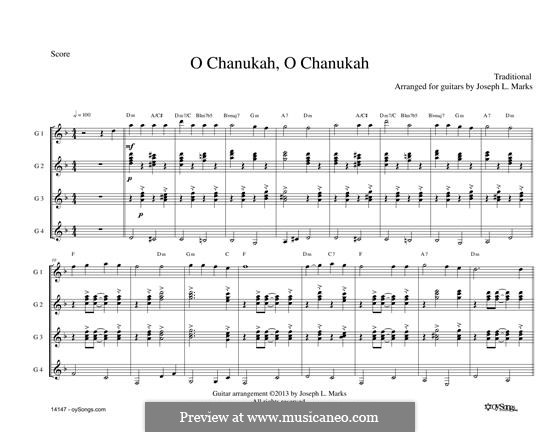 O Chanukah for Guitar Quartet by folklore - sheet music on MusicaNeo