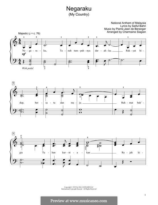 My Country (Negaraku) by P.d. Béranger - sheet music on MusicaNeo