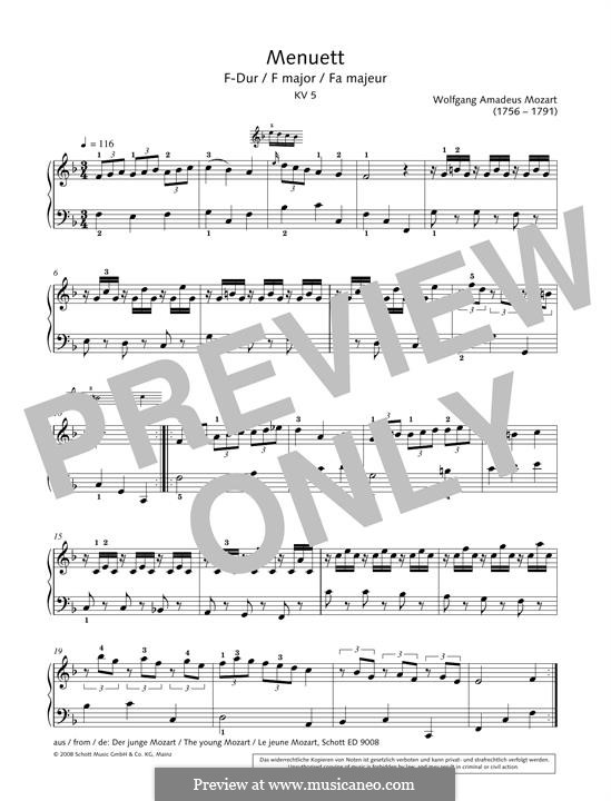 Minuet for Piano in F Major, K.5 by W.A. Mozart - sheet music on MusicaNeo
