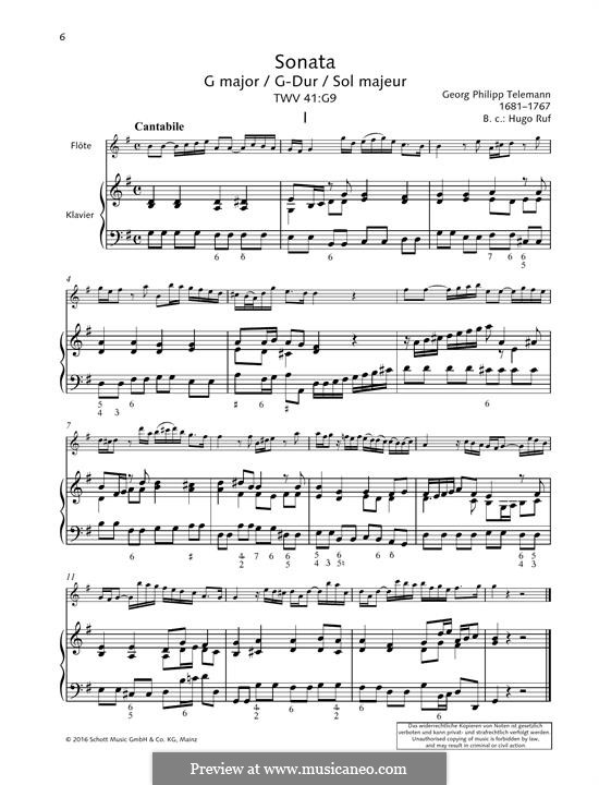 Sonata in G major for Flute and Cembalo (or Piano), TWV 41:G9 by G.P ...
