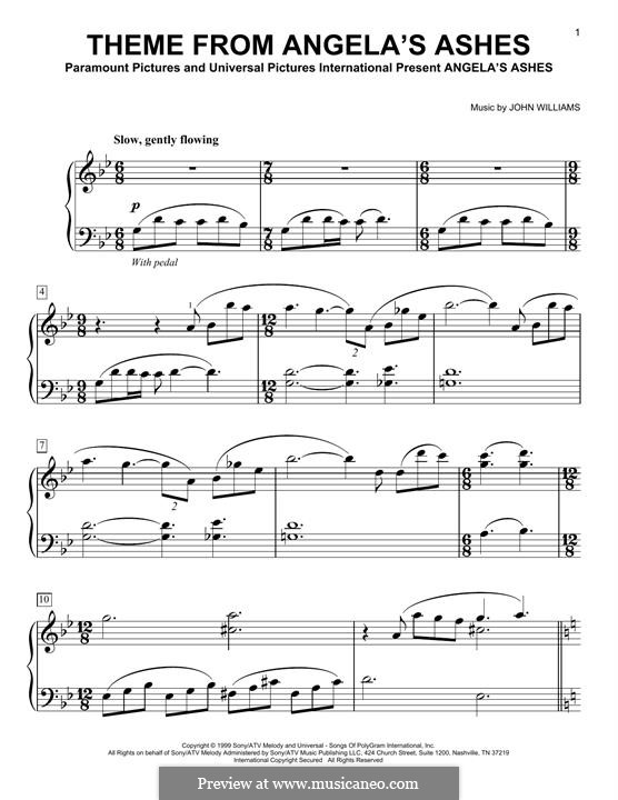 Theme from Angela's Ashes by J. Williams - sheet music on MusicaNeo