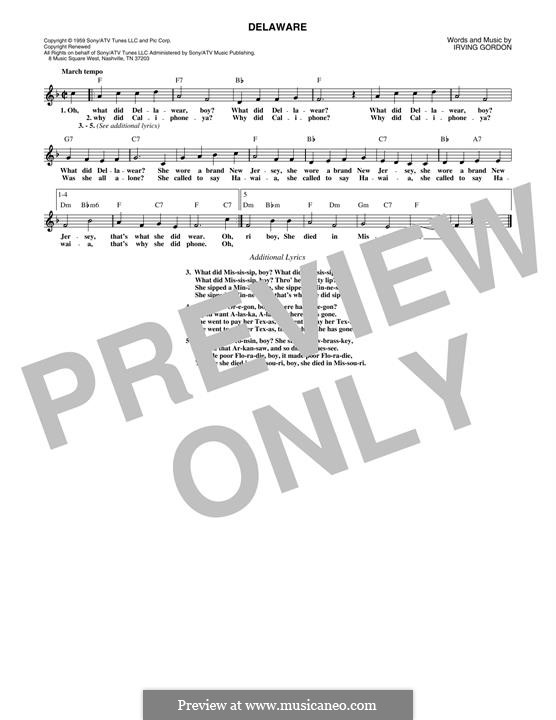 Delaware (Perry Como) by I. Gordon - sheet music on MusicaNeo