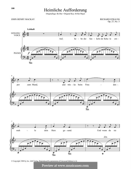 No.3 Heimliche Aufforderung (Vier Lieder, Op.27) by R. Strauss on MusicaNeo