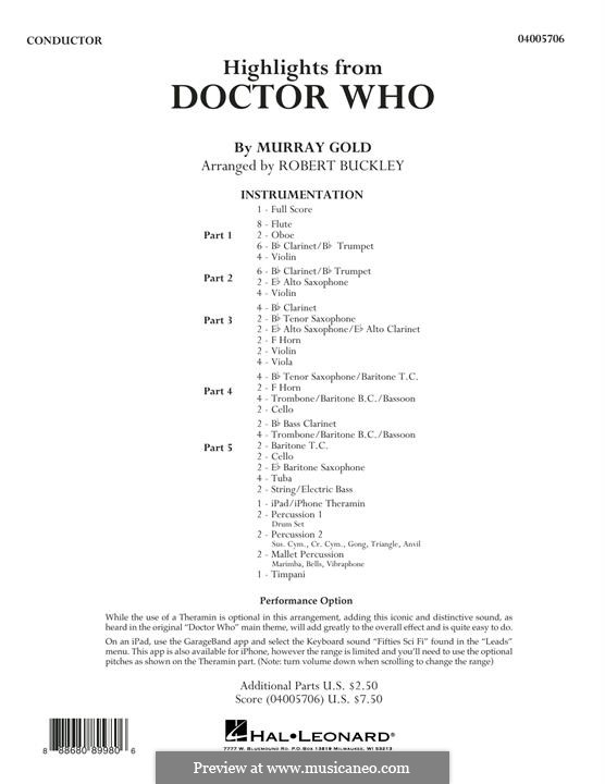 Highlights from Doctor Who by M. Gold - sheet music on MusicaNeo