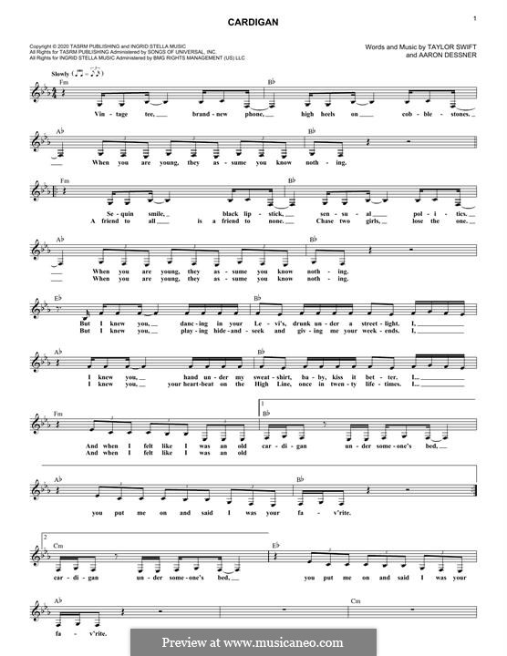 Cardigan by A. Dessner, T. Swift - sheet music on MusicaNeo