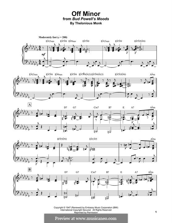 Off Minor by T. Monk - sheet music on MusicaNeo
