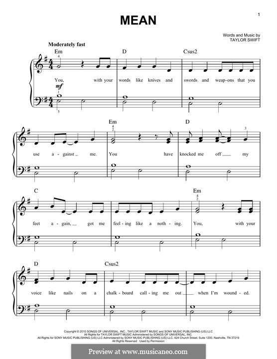 Mean by T. Swift - sheet music on MusicaNeo
