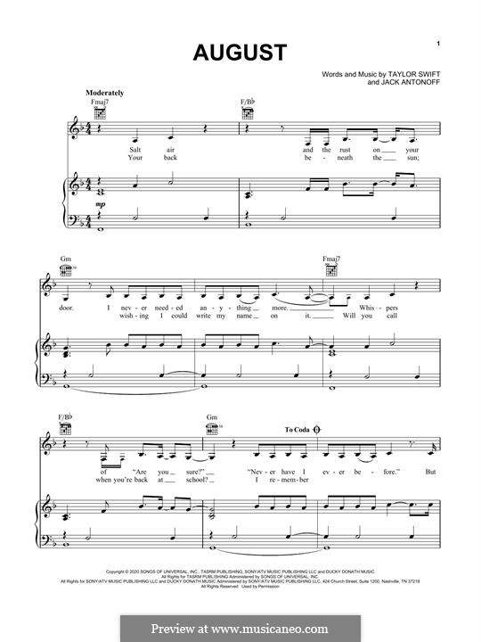 August (Taylor Swift) by J. Antonoff - sheet music on MusicaNeo