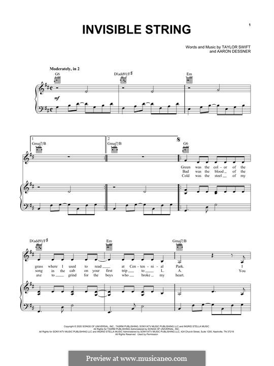 Invisible string (Taylor Swift) by A. Dessner - sheet music on MusicaNeo
