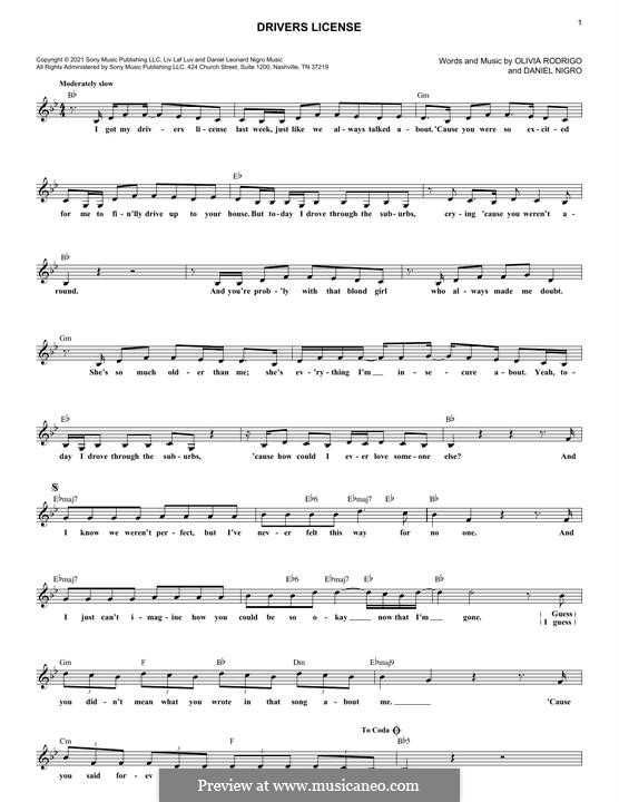 Drivers license (Olivia Rodrigo) by D. Nigro - sheet music on MusicaNeo