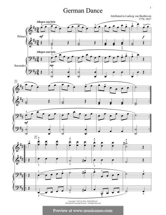 German Dance for piano four hands by L.v. Beethoven on MusicaNeo