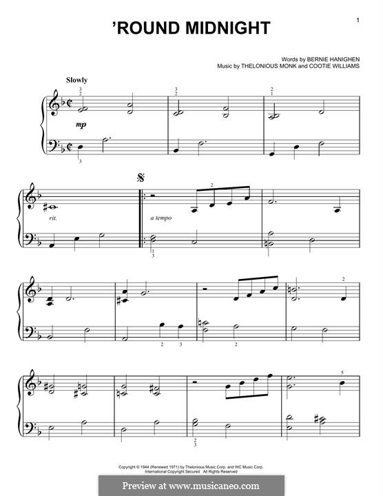 'Round Midnight by T. Monk, C. Williams - sheet music on MusicaNeo