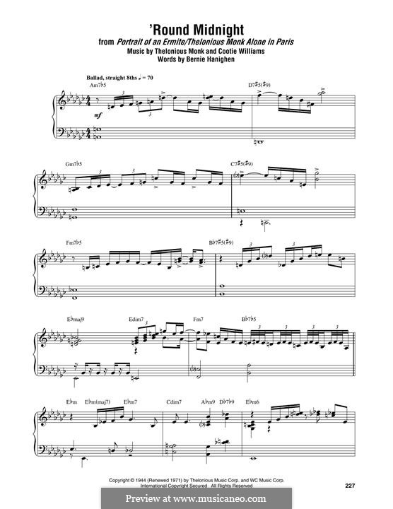 'Round Midnight by T. Monk, C. Williams - sheet music on MusicaNeo
