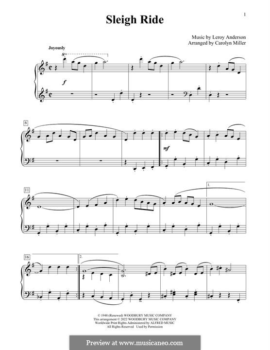 Piano version (Sleigh Ride) by L. Anderson - sheet music on MusicaNeo