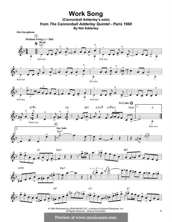 Work Song by J.C. Adderley - sheet music on MusicaNeo