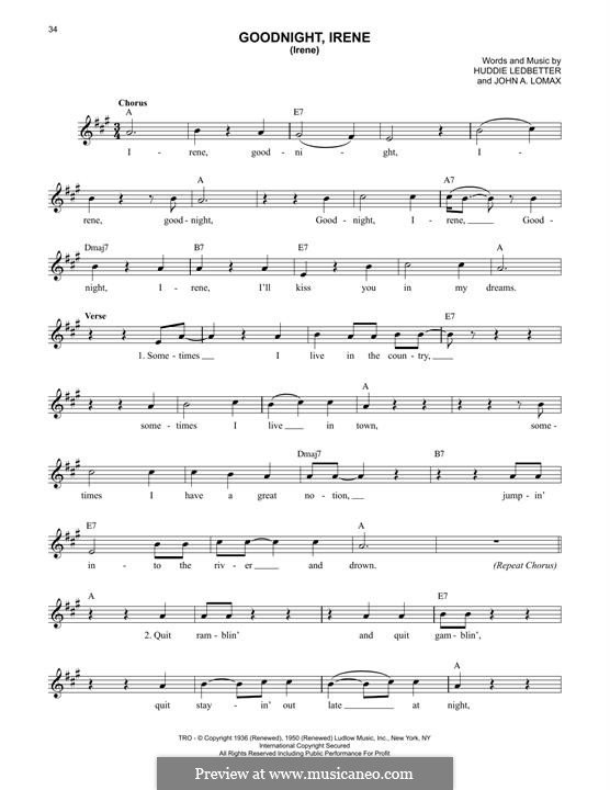 Goodnight, Irene by H. Ledbetter, J.A. Lomax - sheet music on MusicaNeo
