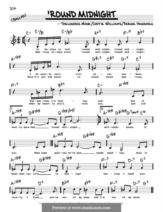 'Round Midnight by T. Monk, C. Williams - sheet music on MusicaNeo