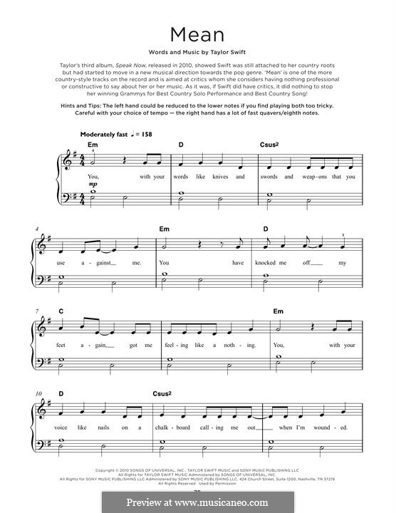 Mean by T. Swift - sheet music on MusicaNeo