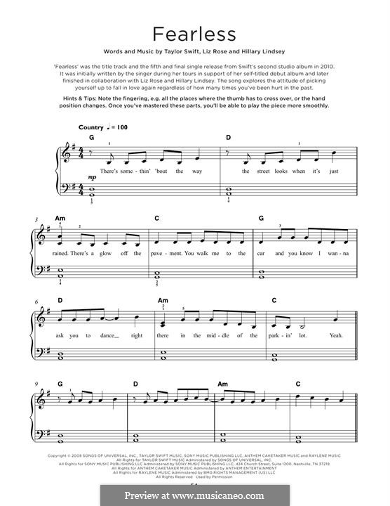 Fearless (Taylor Swift) by H. Lindsey, L. Rose - sheet music on MusicaNeo