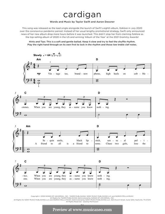 Cardigan by A. Dessner, T. Swift - sheet music on MusicaNeo