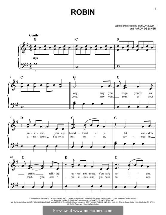 Robin (Taylor Swift) by A. Dessner - sheet music on MusicaNeo