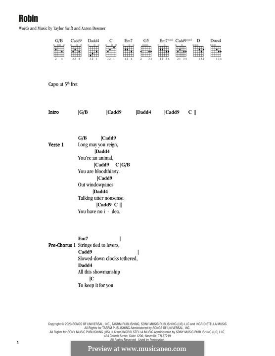 Robin (Taylor Swift) by A. Dessner - sheet music on MusicaNeo