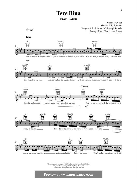Tere Bina (from Guru) by A. Rahman - sheet music on MusicaNeo