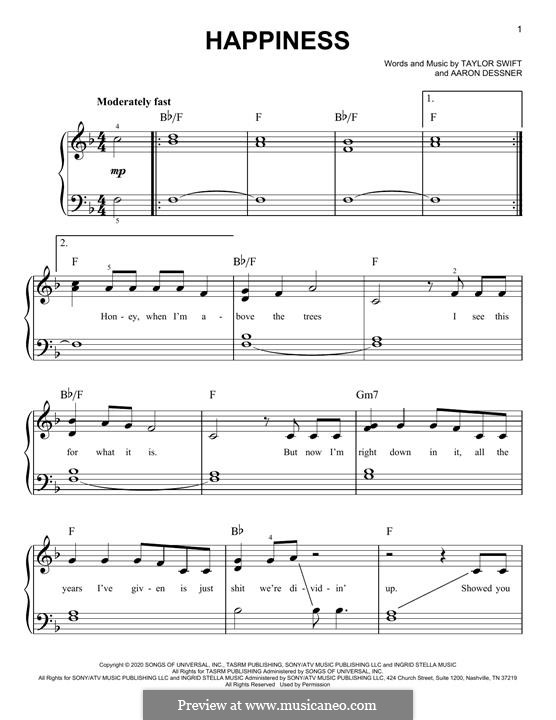Happiness (Taylor Swift) by A. Dessner - sheet music on MusicaNeo