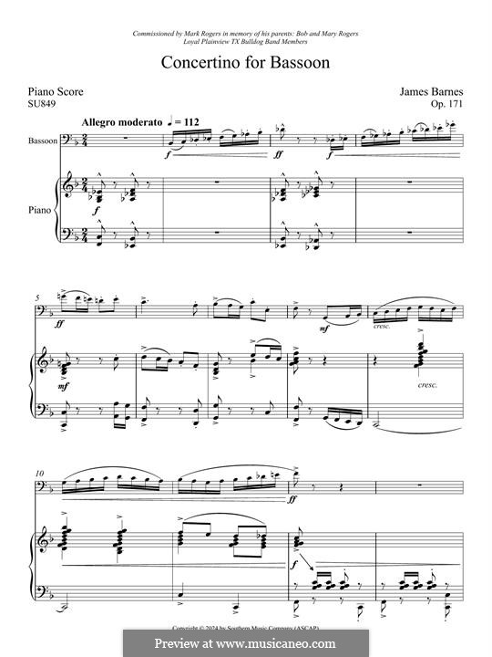 Concertino for Bassoon (Solo / Piano Reduction) by J. Barnes on MusicaNeo