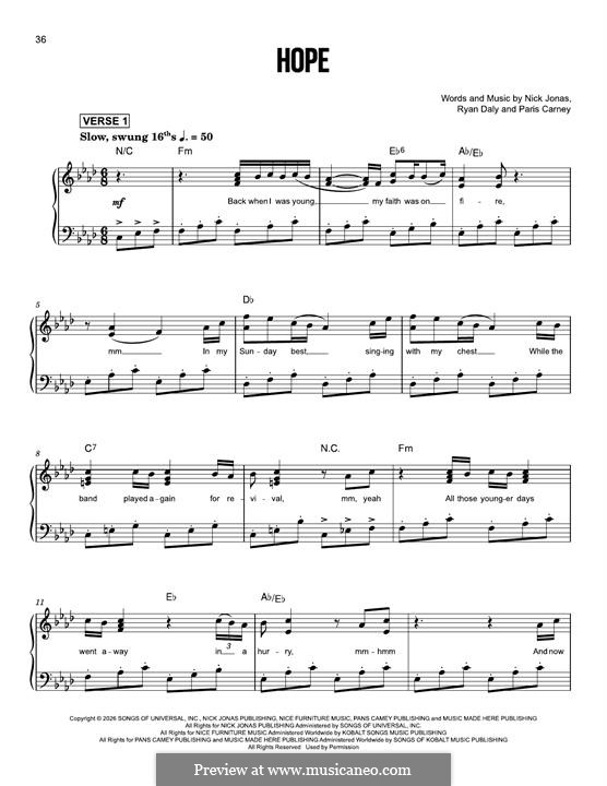 Hope (Nick Jonas) by P. Carney, R. Daly - sheet music on MusicaNeo