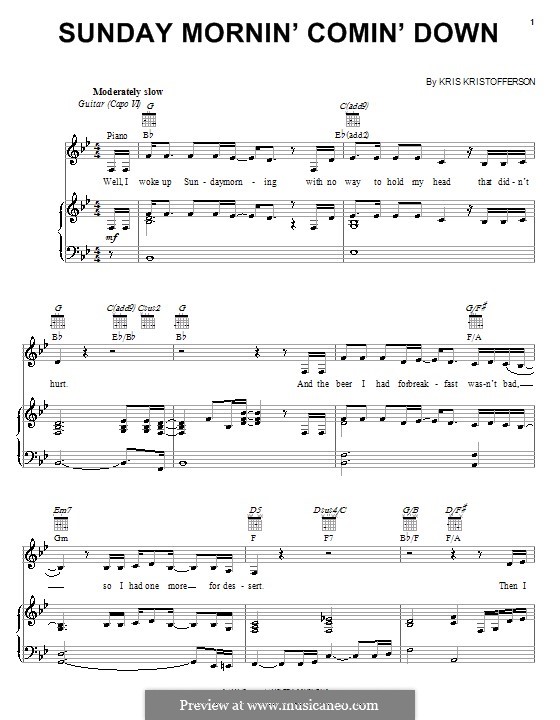 Sunday Mornin' Comin' Down by K. Kristofferson - sheet music on MusicaNeo