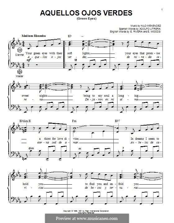 Aquellos Ojos Verdes (Green Eyes) by N. Menendez - sheet music on MusicaNeo