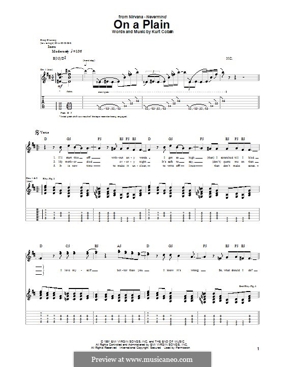On a Plain (Nirvana) by K. Cobain - sheet music on MusicaNeo