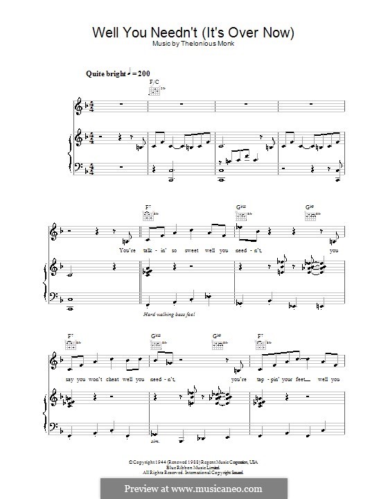 Well You Needn't (It's Over Now) by T. Monk - sheet music on MusicaNeo