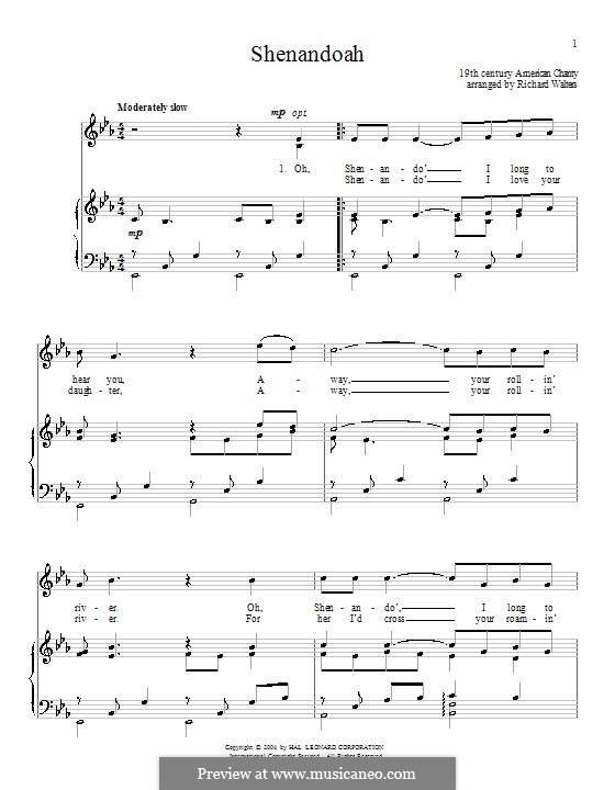 Oh Shenendoah (Shenandoah) Printable Scores by folklore on MusicaNeo