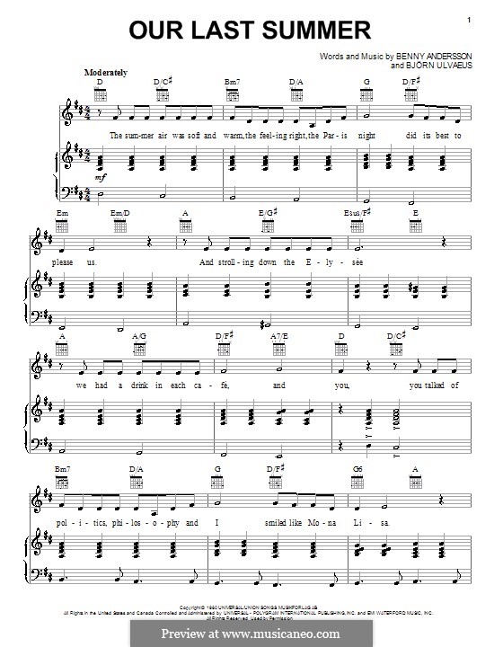 Our Last Summer (ABBA) von B. Andersson, B. Ulvaeus - Noten auf MusicaNeo