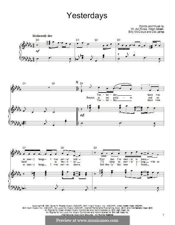 Yesterdays (Guns N' Roses) von W.A. Rose, B. McCloud, D. James, W ...