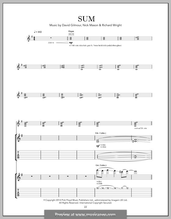Sum (Pink Floyd) von D. Gilmour, N. Mason, R. Wright - Noten auf MusicaNeo