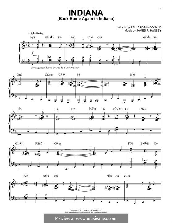 Indiana (Back Home Again in Indiana) von J.F. Hanley - Noten auf MusicaNeo