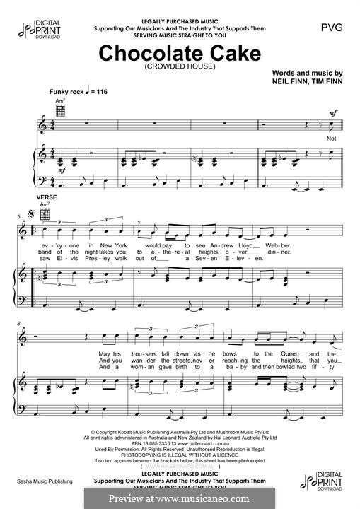 Chocolate Cake (Crowded House) von N. Finn, T. Finn - Noten auf MusicaNeo Chocolate Cake (Crowded House) von N. Finn, T. Finn - Noten auf MusicaNeo