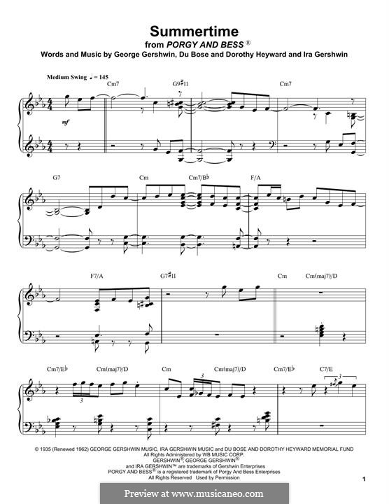 Summertime, für Klavier (Porgy and Bess) von G. Gershwin auf MusicaNeo