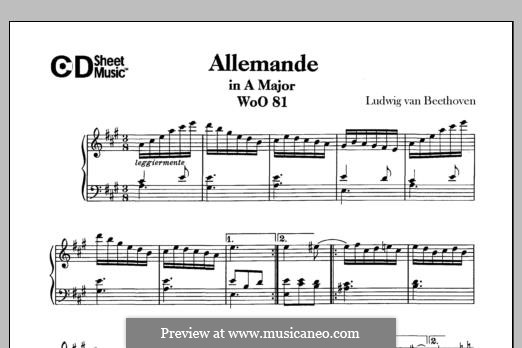 Allemande in A-Dur, WoO 81 von L.v. Beethoven - Noten auf MusicaNeo