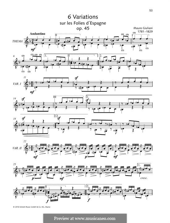 Sechs Variationen für Gitarre, Op.45 von M. Giuliani - Noten auf MusicaNeo