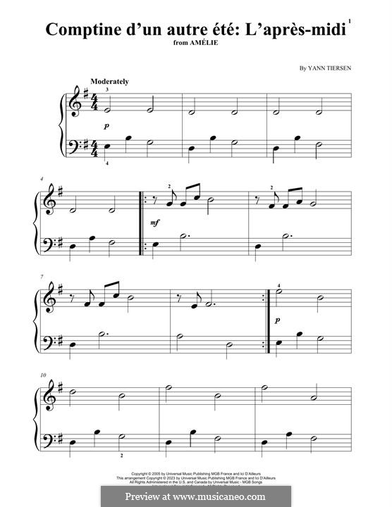 Comptine D Un Autre Eté From Amélie Von Y Tiersen Noten Auf Musicaneo