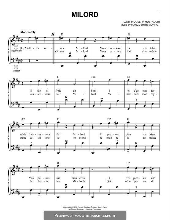 Milord (Edith Piaf) von G. Moustaki, M. Monnot - Noten auf MusicaNeo